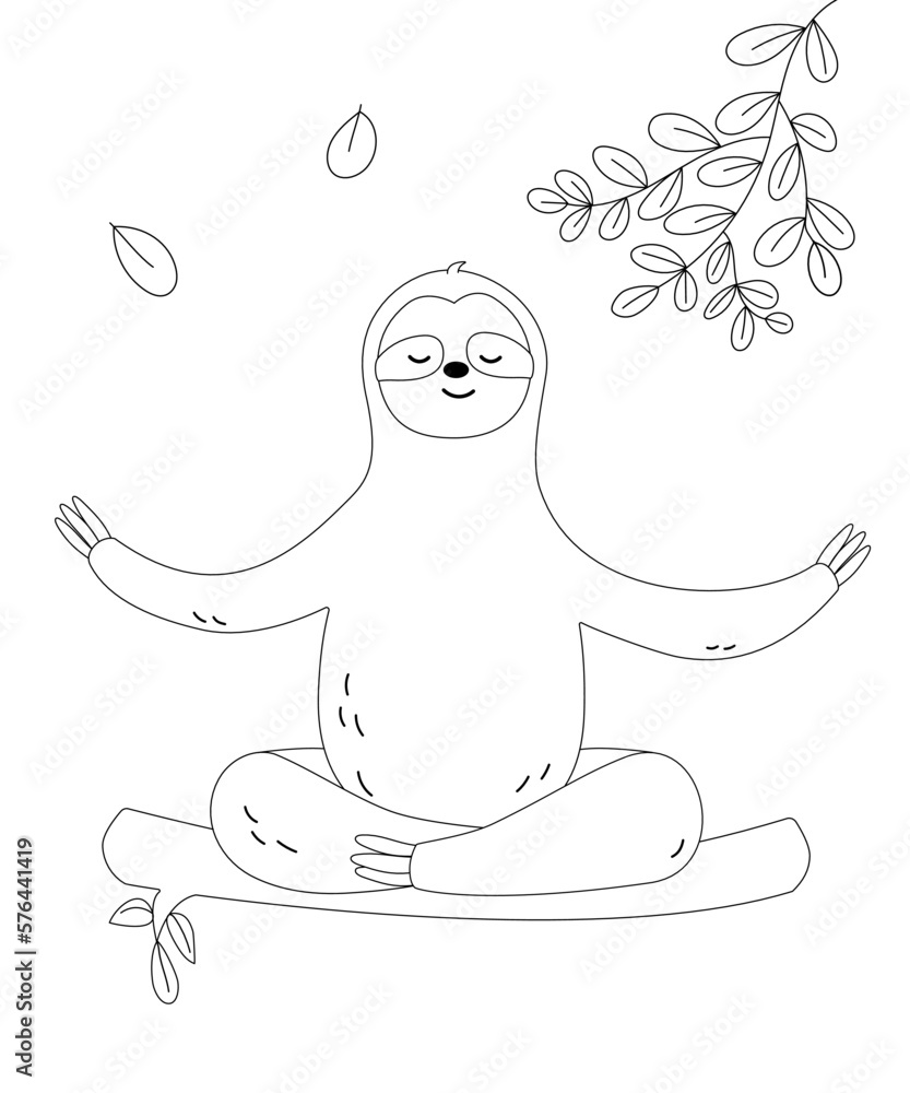 Cute happy sloth practicing yoga exercise. Outline clipart vector ...