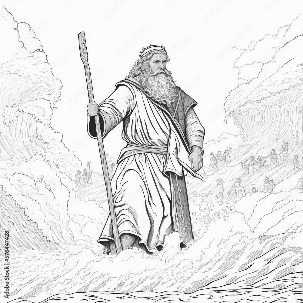 Realistic Line Art of Moses Parting the Red Sea, generative AI Stock ...
