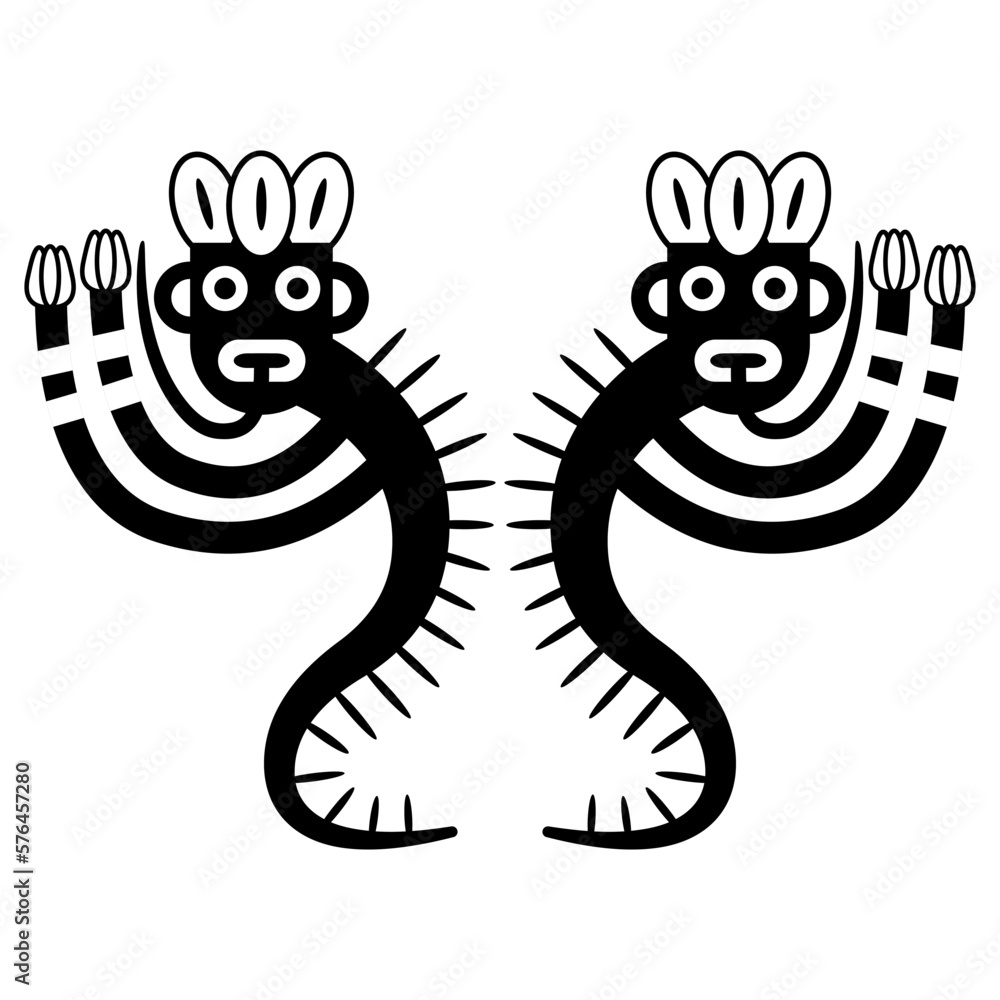 Symmetrical ethnic design with two dancing spirits. Fantastic creature ...