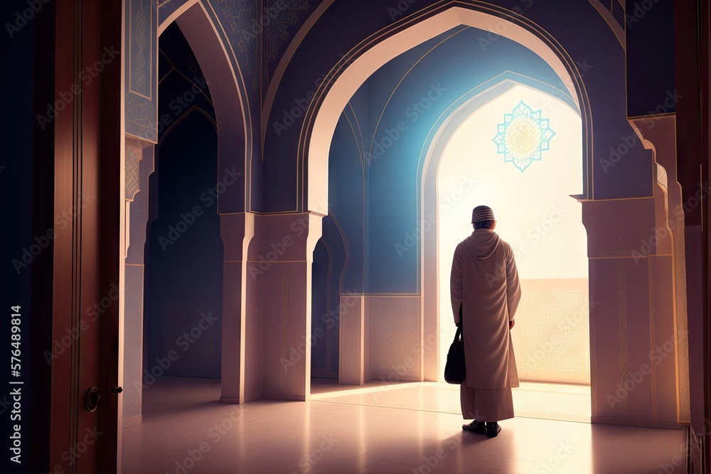 Islamic background painting. Mosque and shadows. Light rays from mosque ...