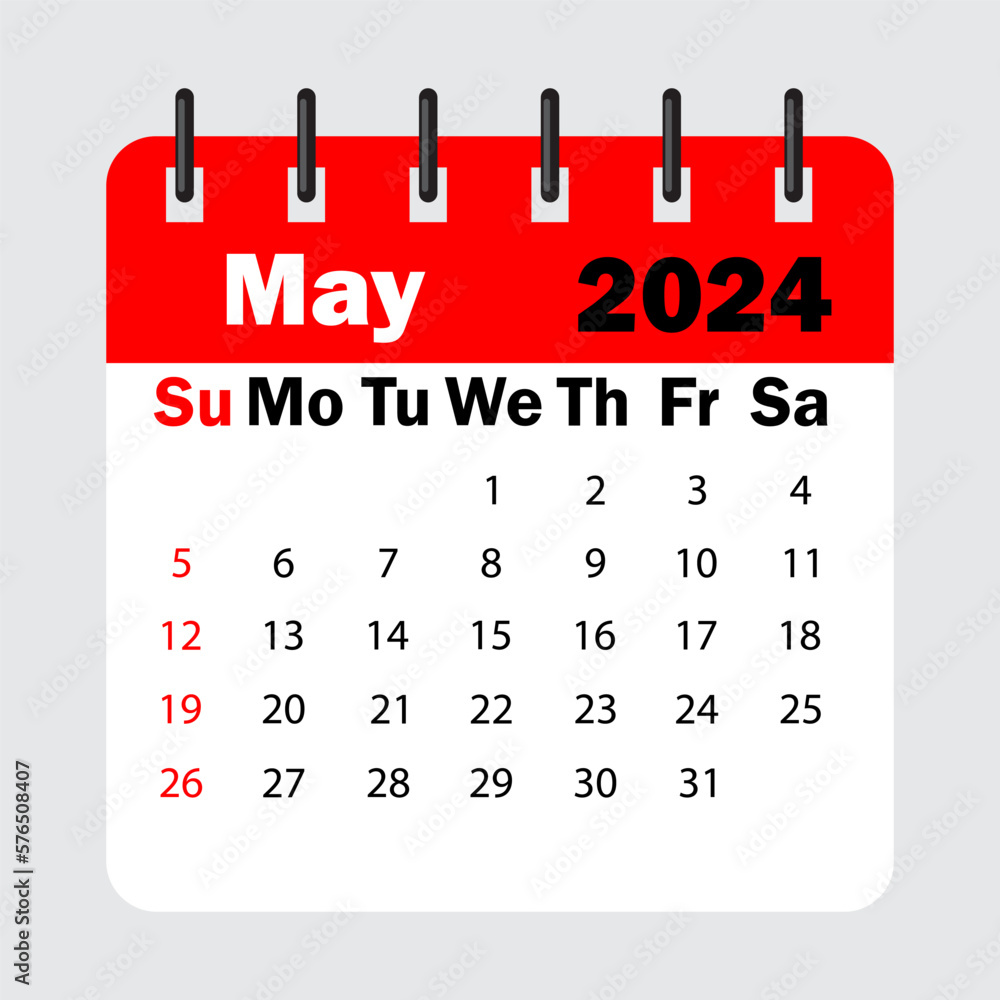 red calendar leaf spring. May 2024 calendar. Calendar sheet with days ...
