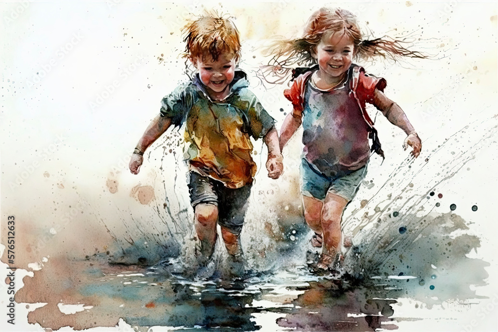 Watercolor of happy kids playing in rain puddles created with ...
