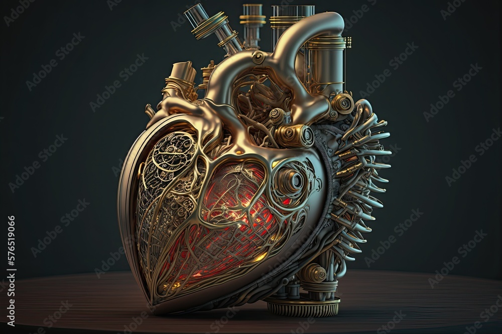 mechanical heart of cyborg robot made of gold metal anatomically shaped ...