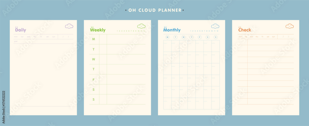(Cloud) 4 set of Daily, Weekly, Monthly, Check Planner template. Cute ...