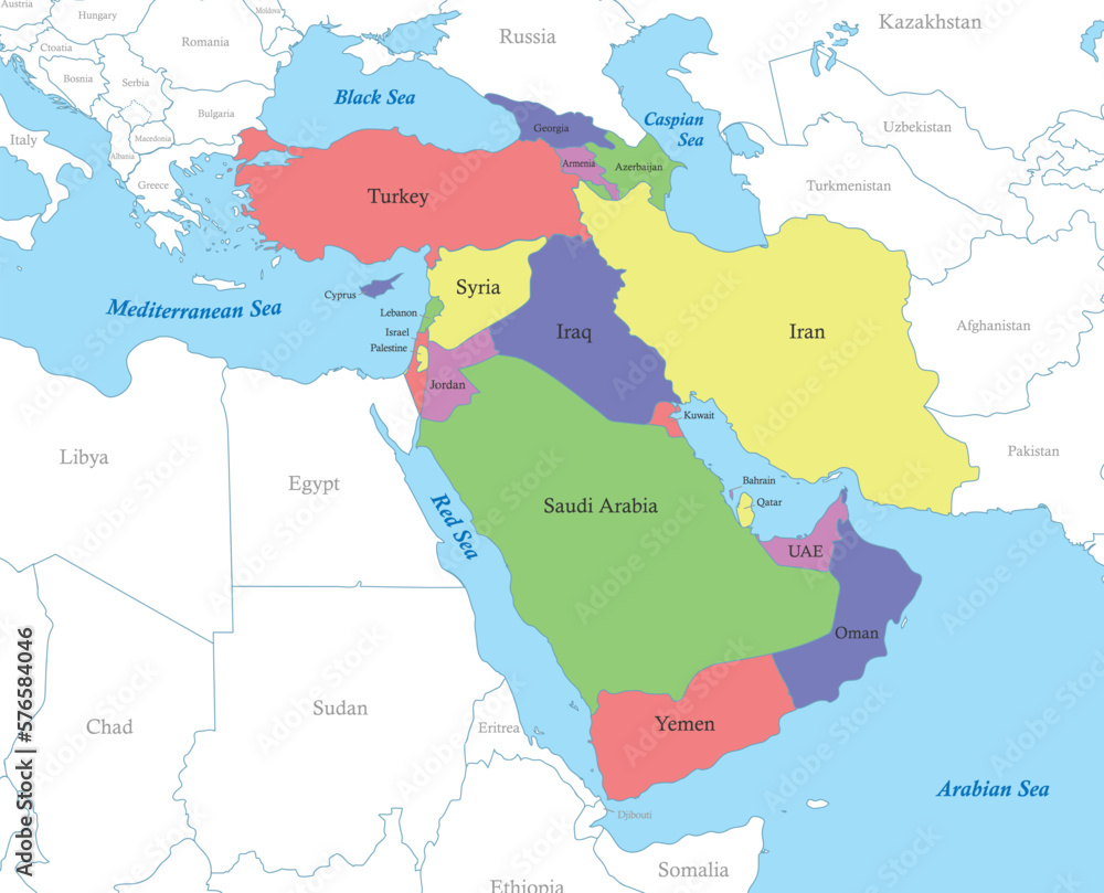 map of Western Asia with borders of the states. Stock Vector | Adobe Stock