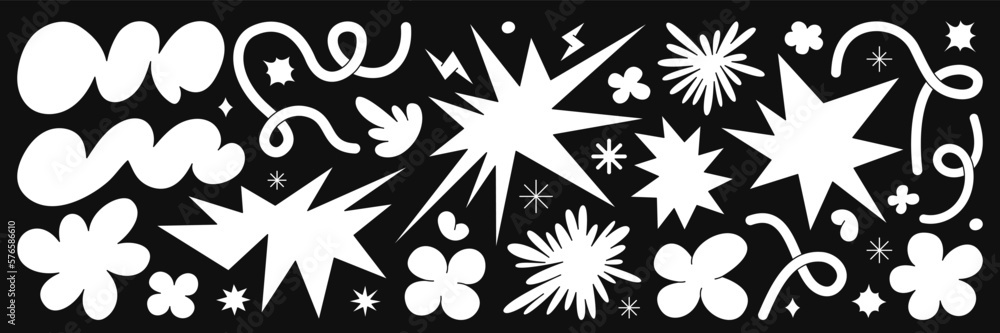 Abstract cloud and flower shapes sticker pack. Groovy funky flower, bubble, star, loop, waves in ...