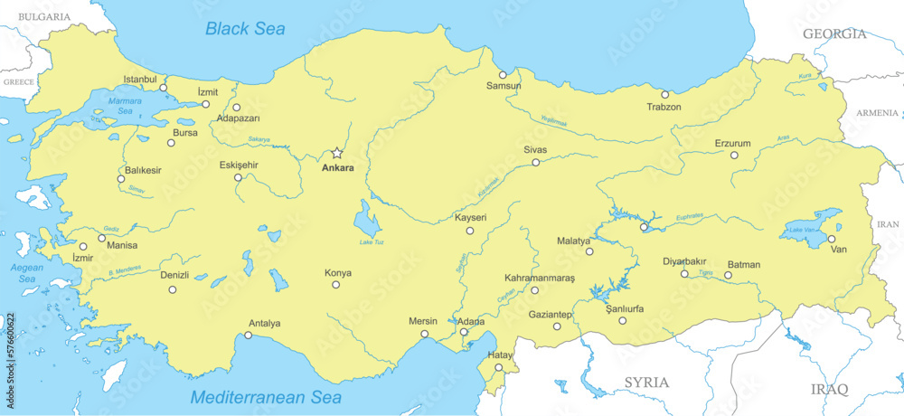 Political map of Turkey with national borders Stock Vector | Adobe Stock