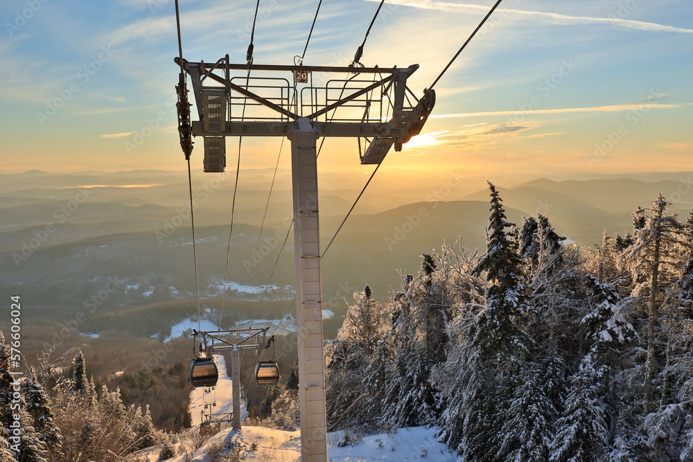 Northwoods gondola ride during sunrise from Gore Mountain, New York ...
