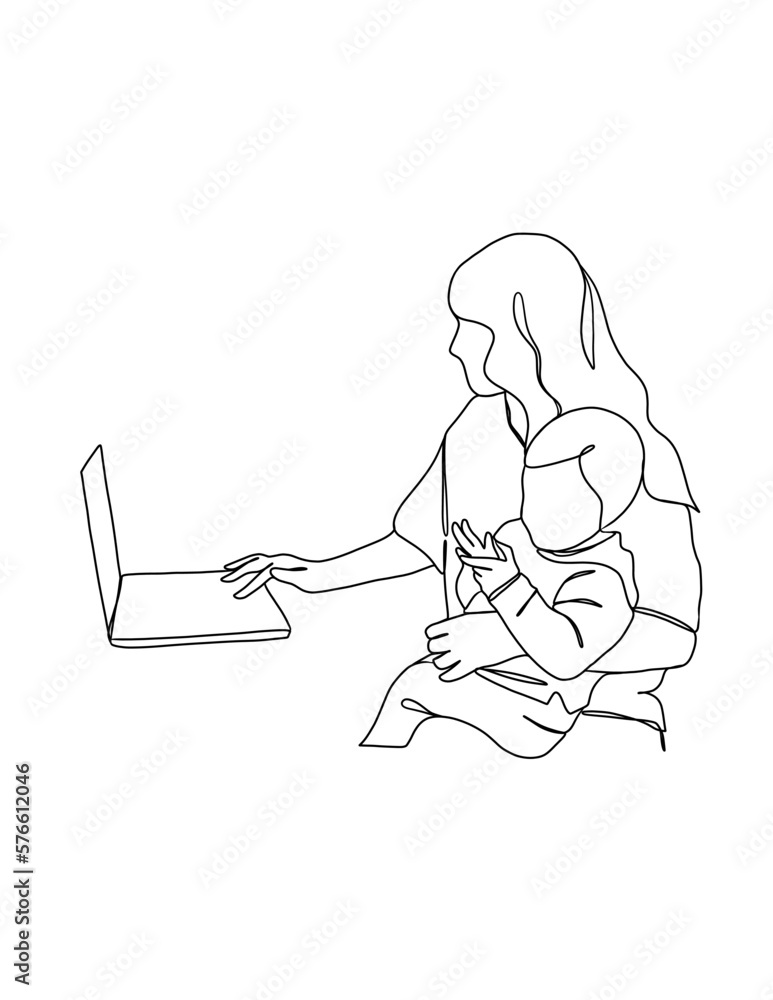 Continuous one line drawing of mom holding baby. Vector illustration ...