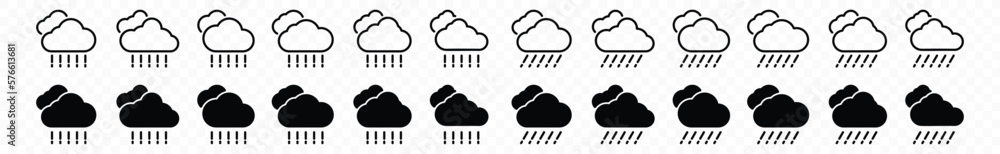 Rain weather icon set. Heavy rain weather icons collection. Rainfall ...