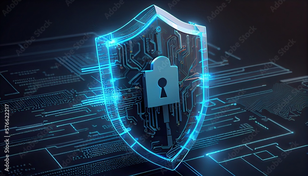 Shield With A Lock Icon Is Displayed On A Circuit Board And Network Wireframe With Binary Code