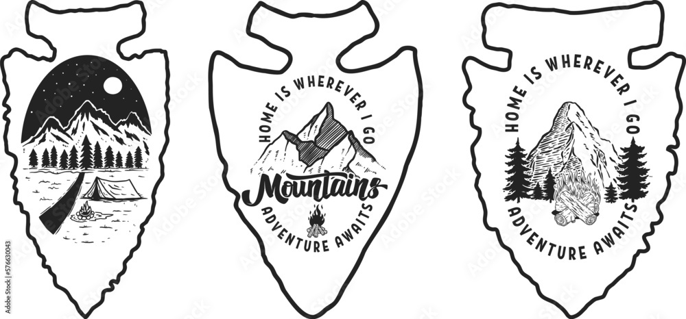 Set of Camping emblem in arrowhead shape. Design element for poster ...
