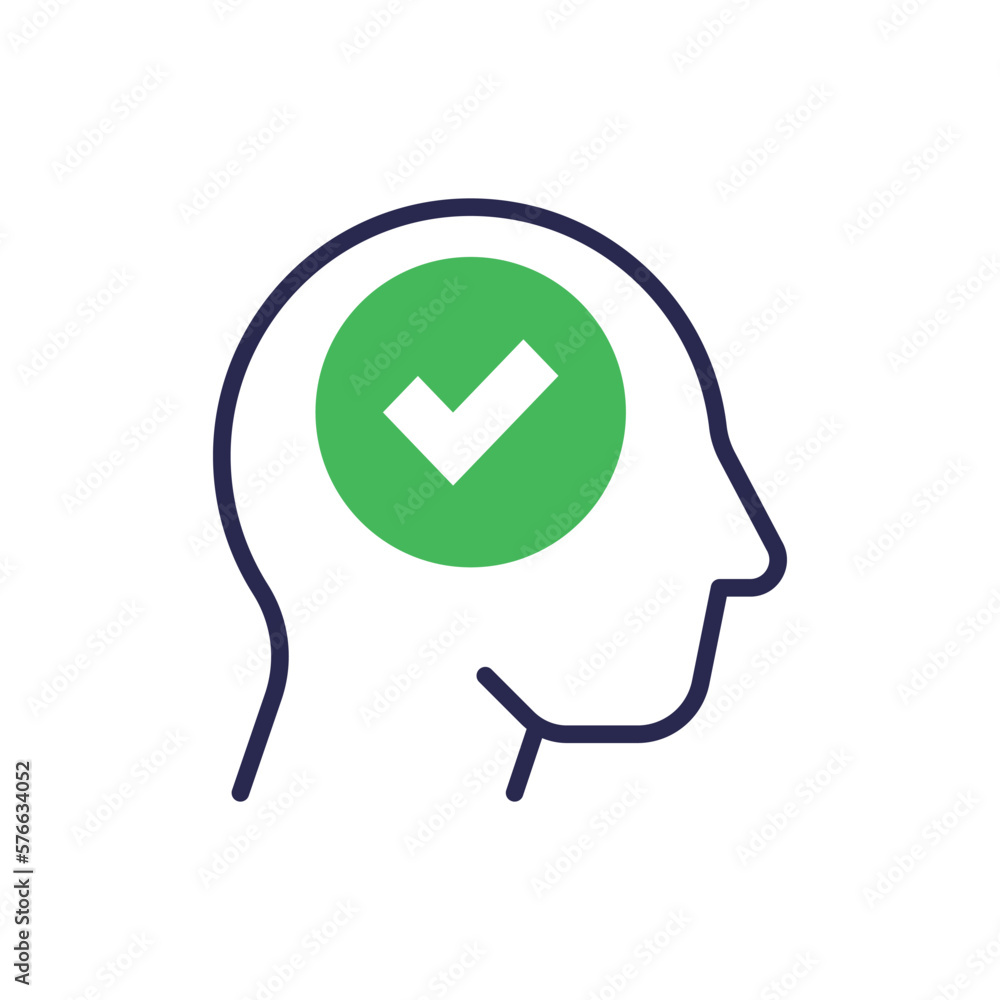 Idea approved thin line icon: check mark in human head. Right decision ...
