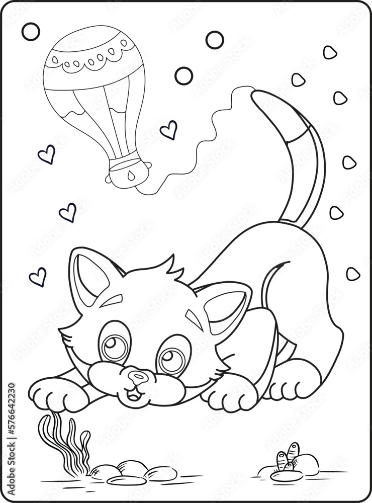 Cute cat outline coloring page for kids animal coloring book cartoon ...