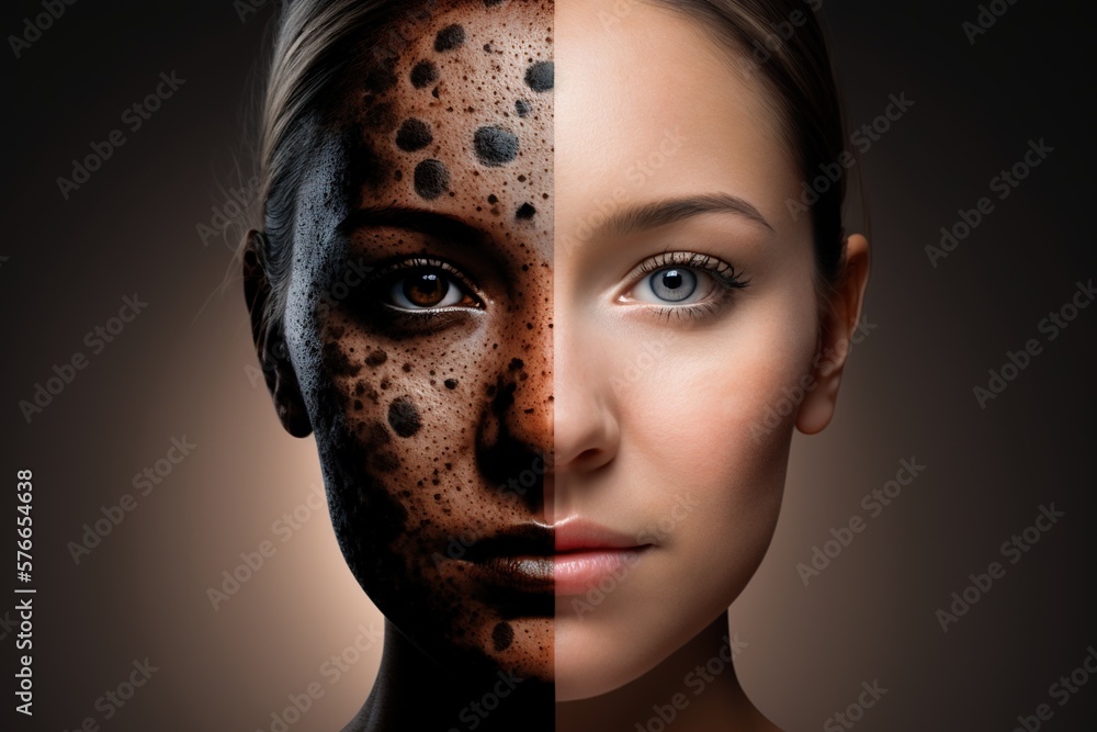 Split image of the face of a young woman, affected by facial skin ...