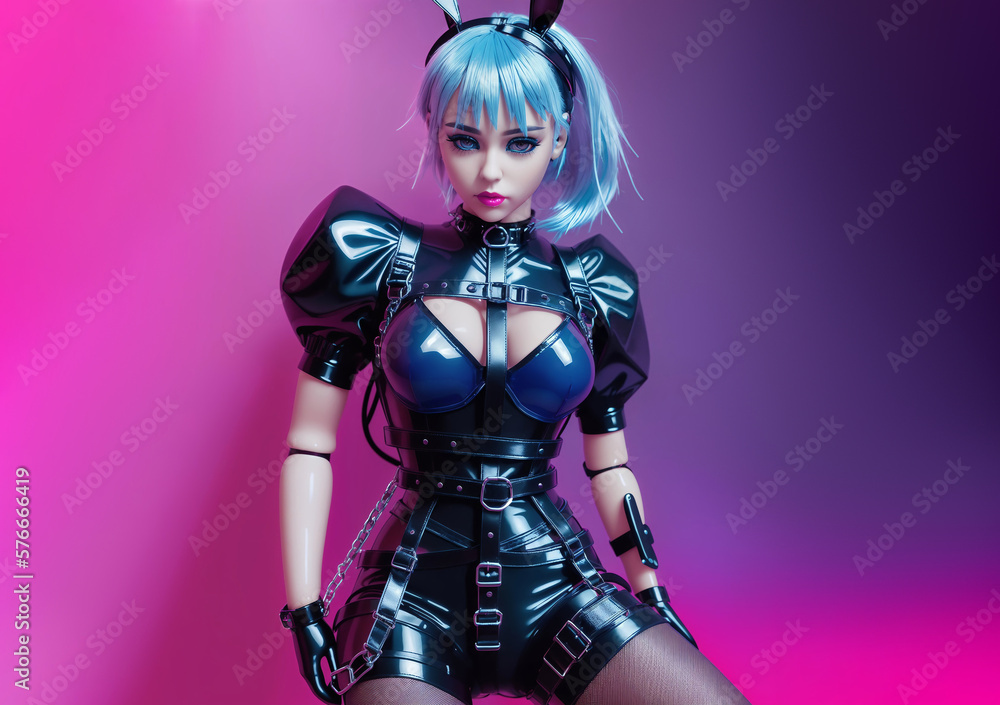 Sexy doll girl in latex bdsm clothes on a neon background copy paste created by Generative AI ...