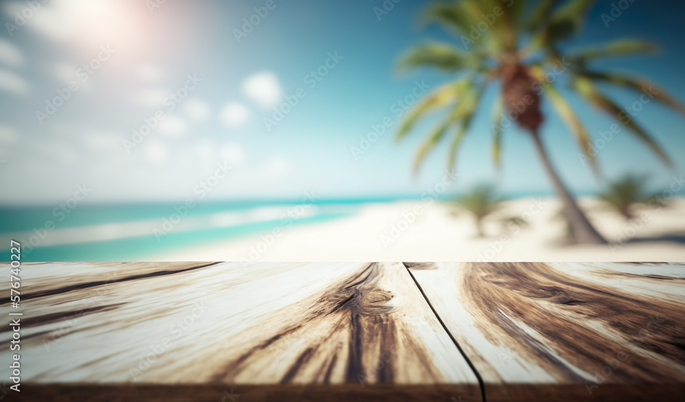 Sective focus.White rustic wood table top with blur sea or beach and ...