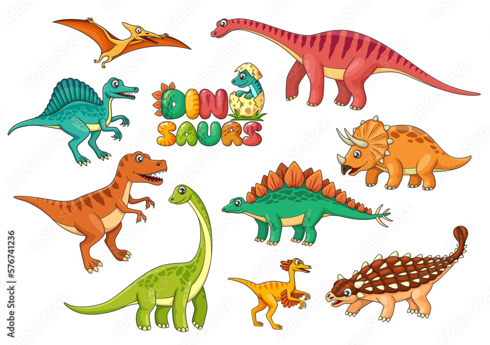 Cartoon dinosaur characters. Isolated vector spinosaurus, pteranodon ...
