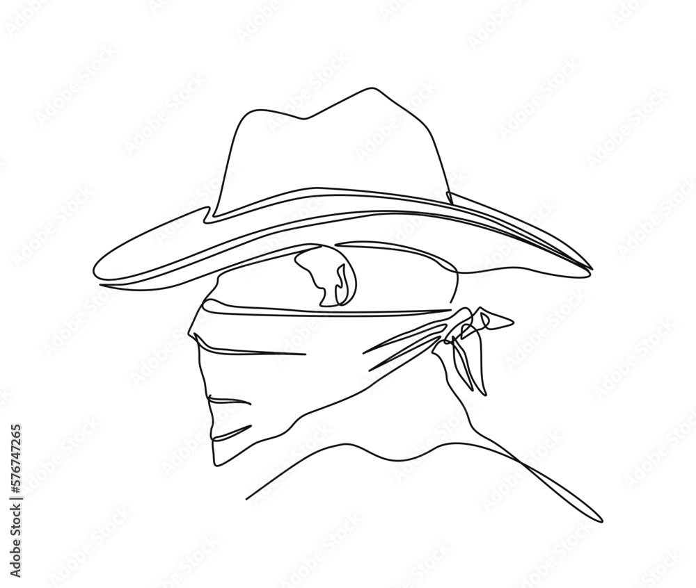 Continuous one line drawing of bandit wearing cowboy hat. Simple cowboy ...