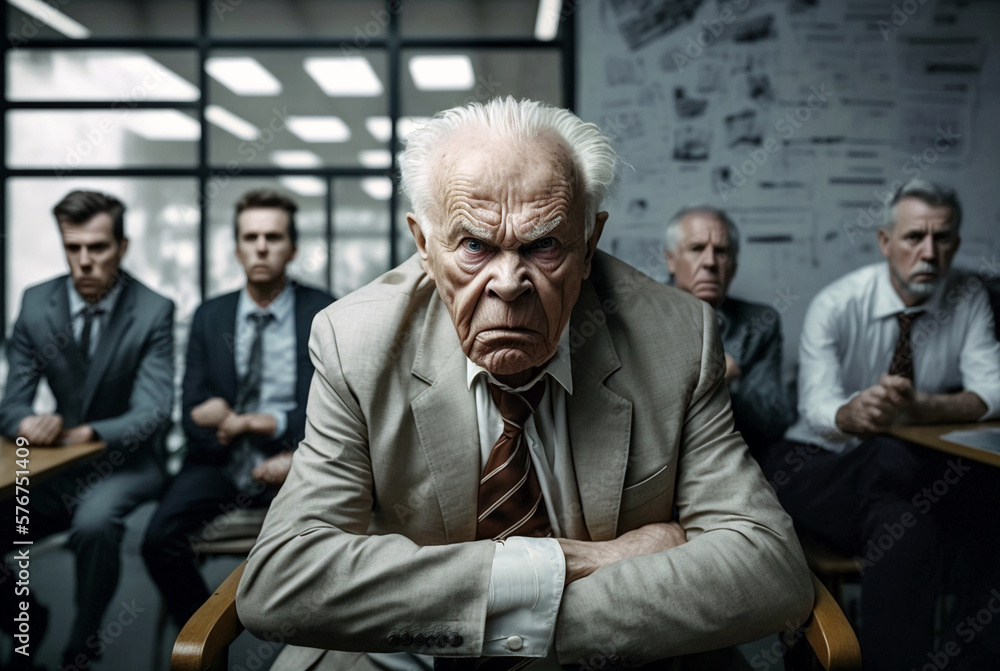 young angry or very bad tempered old man in a suit, boss or employee ...