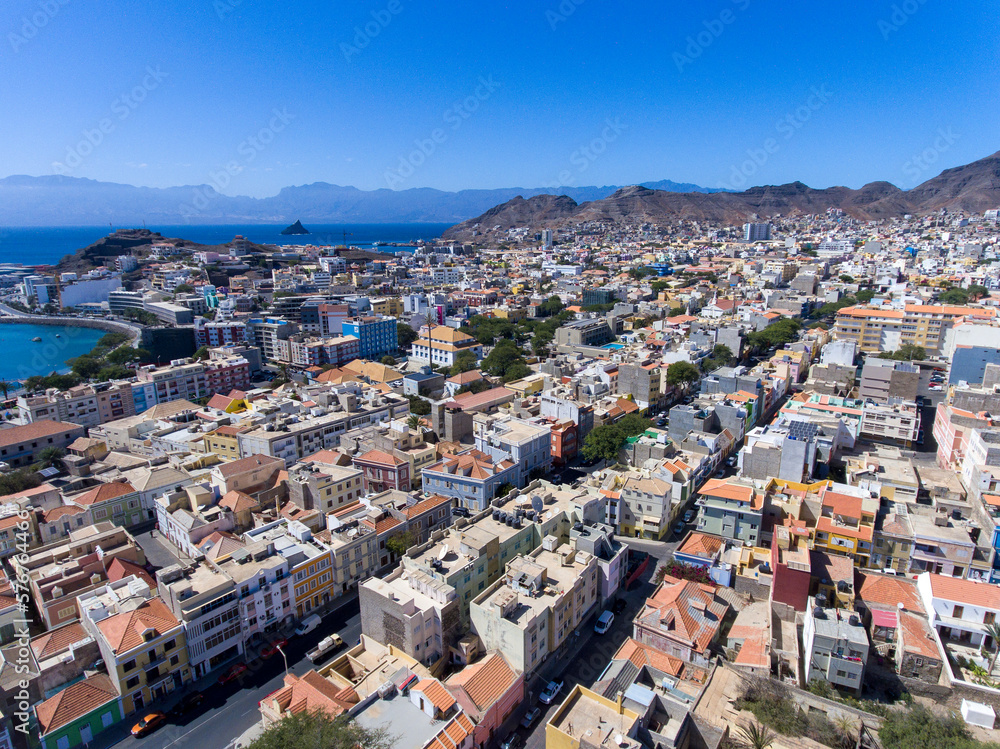 The city of Mindelo, located on the island of São Vicente in Cabo Verde ...