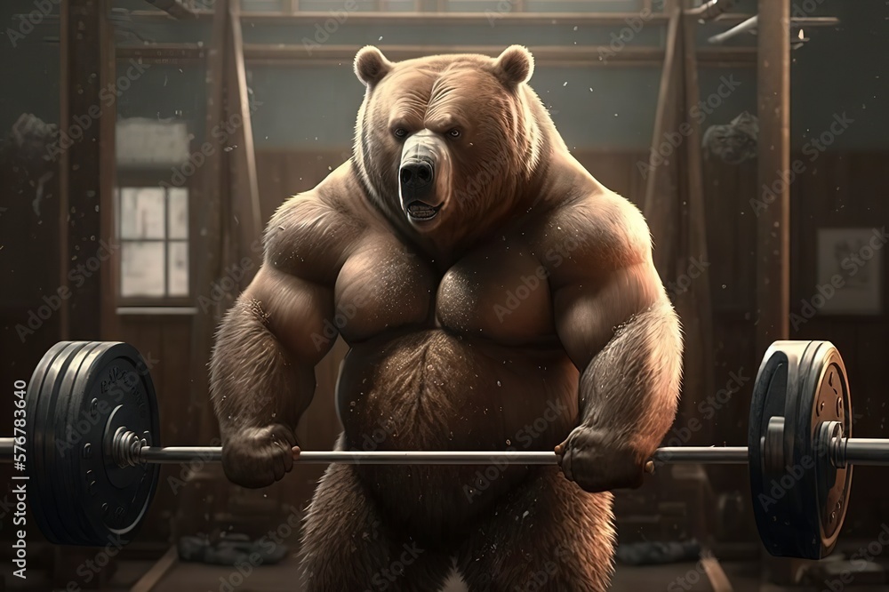 Stock-Illustration „Bear man does physical exercise with heavy weights ...