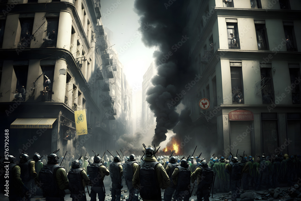Stock-Illustration „Concept art of riots Streets on fire, silhouettes ...