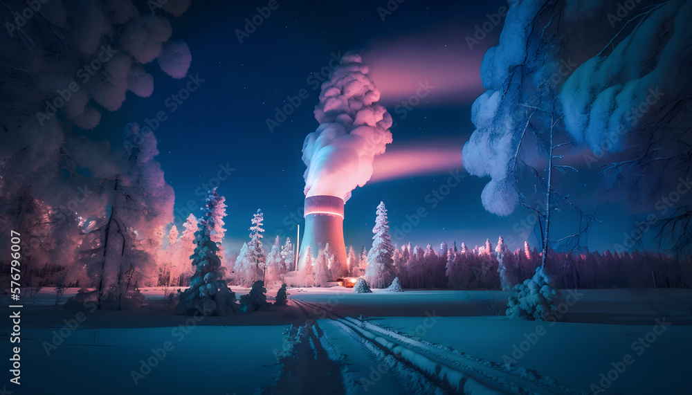 Atomic power plant Winter landscape with color northern lights Aurora ...