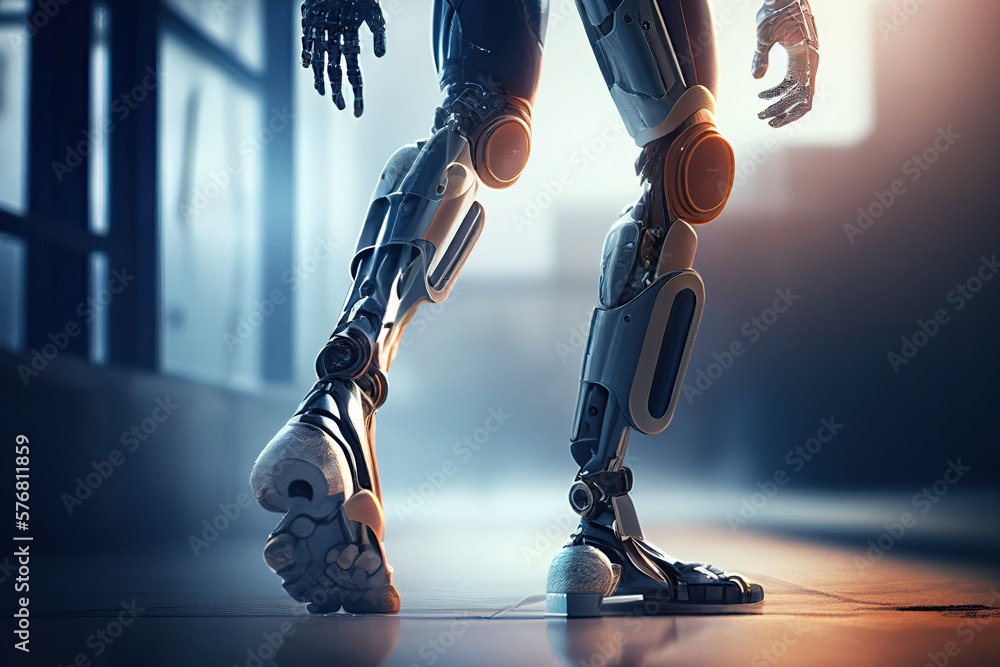 Robot mechanical foot is walking on the floor. Cyborg detail ...
