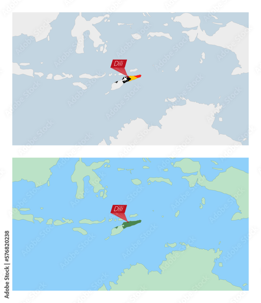 East Timor map with pin of country capital. Two types of East Timor map ...