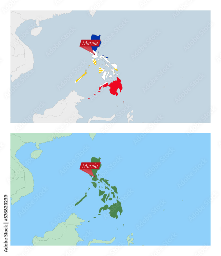 Philippines map with pin of country capital. Two types of Philippines ...