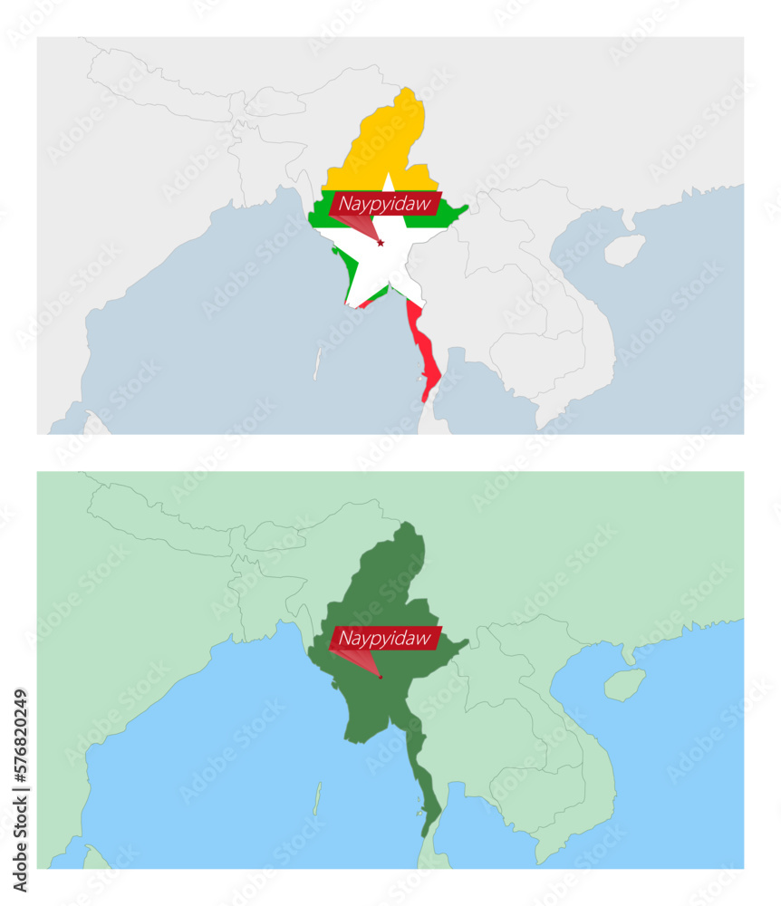 Myanmar map with pin of country capital. Two types of Myanmar map with ...