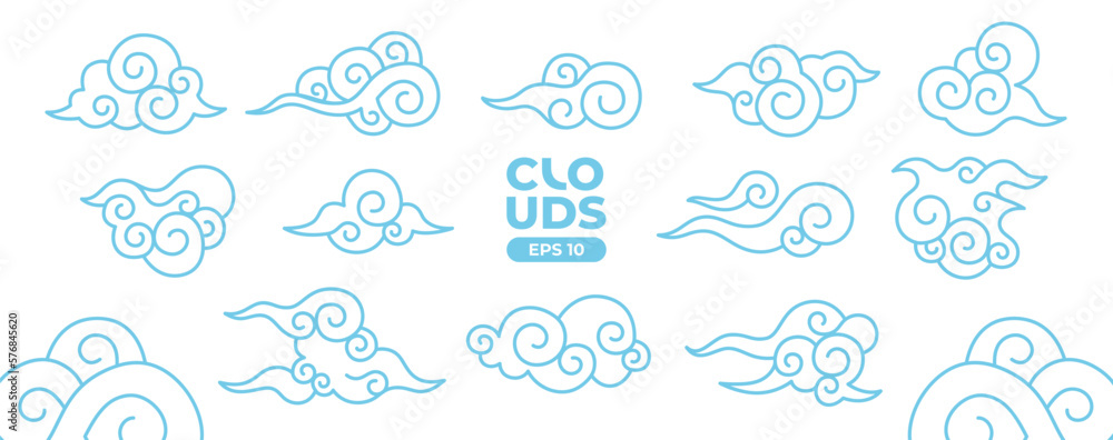 Chinese clouds set isolated on a white background. Line art. Japanese, asian traditional style ...