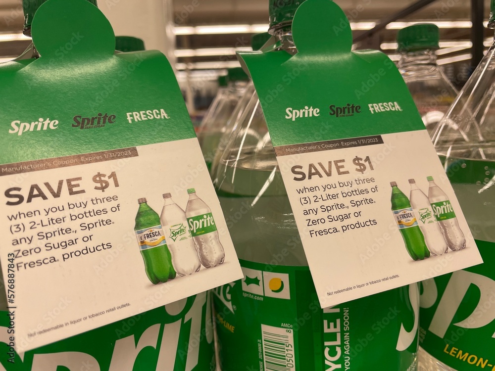 Grocery store Sprite soda 2 liters coupons Stock Photo | Adobe Stock