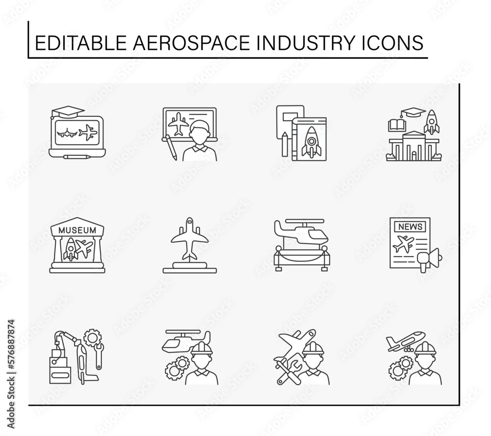 Stock-Vektorgrafik „ Aerospace industry line icons set. Helicopter ...