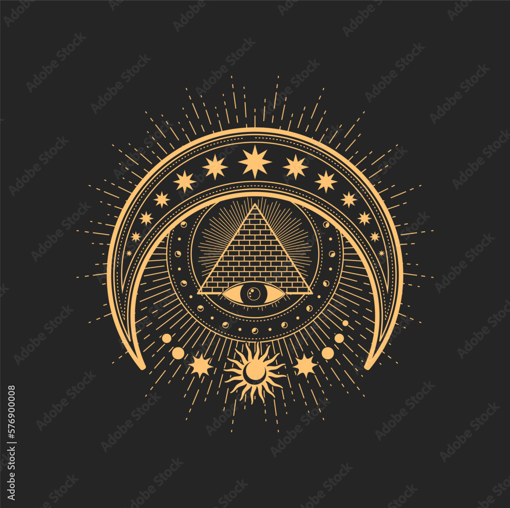 Crescent, Eye of Providence, egyptian pyramid, moon, stars and sun ...