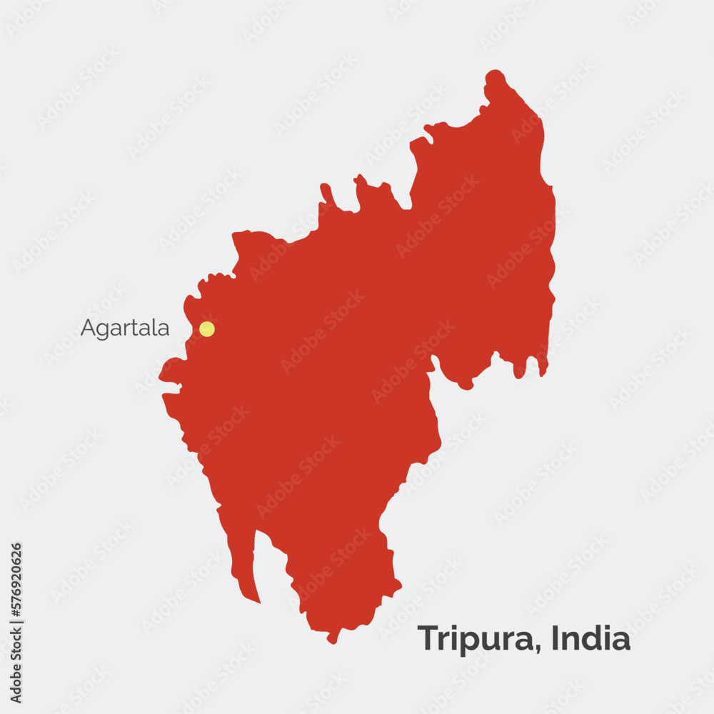 Tripura state map with capital Agartala marked on isolated plain ...