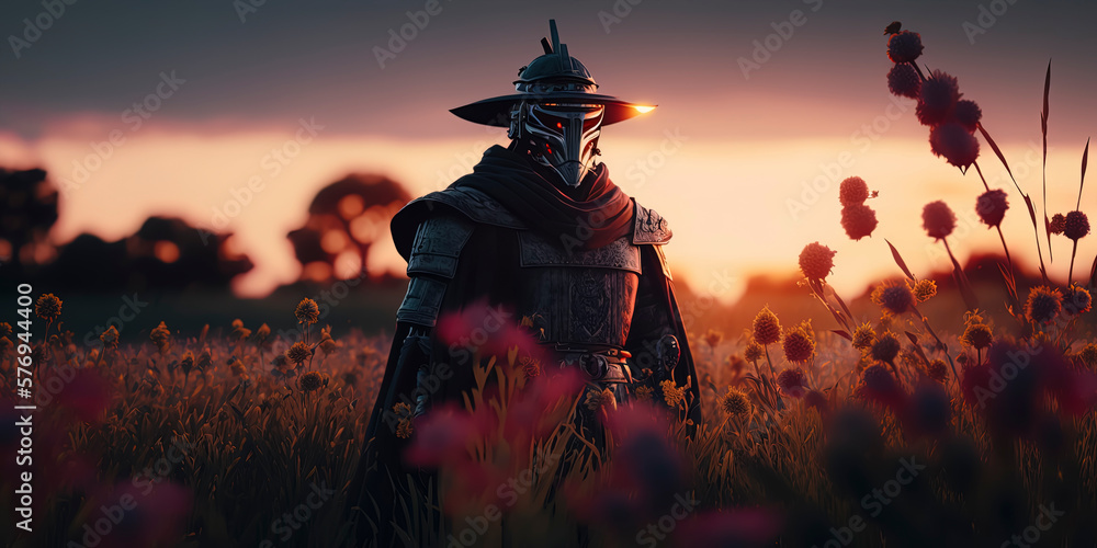 dark sunset over the field of flowers make from colorful grass chops ...