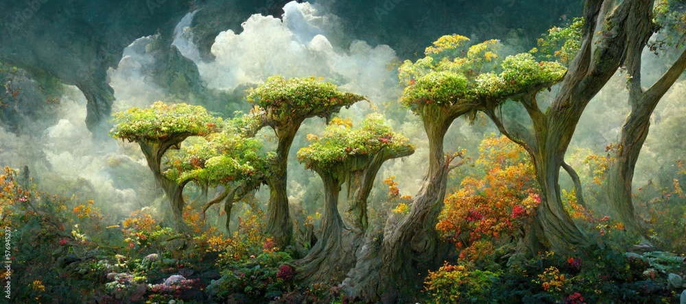 imaginative fantasy forest, foggy clouds, enchanted ancient oak trees ...