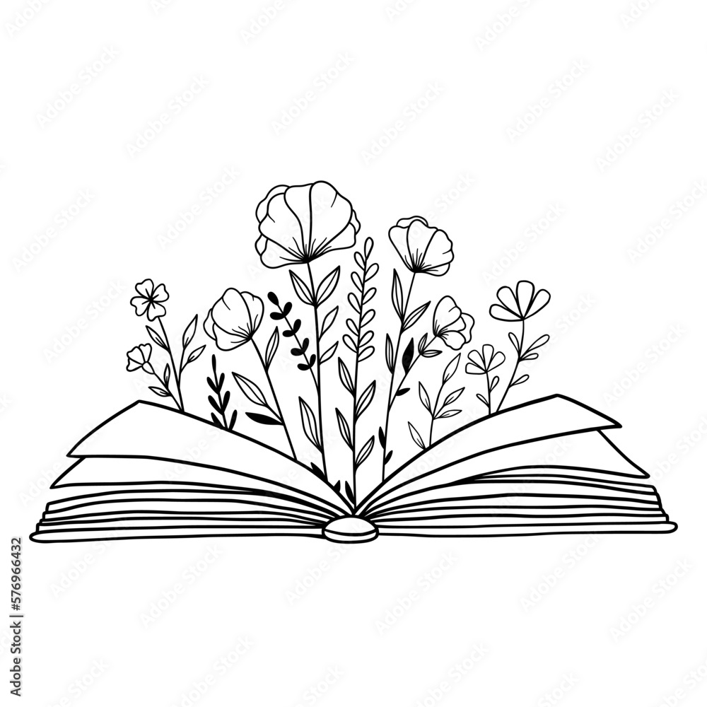 Book with flowers. Floral book. Opened book and wildflowers. Reading ...