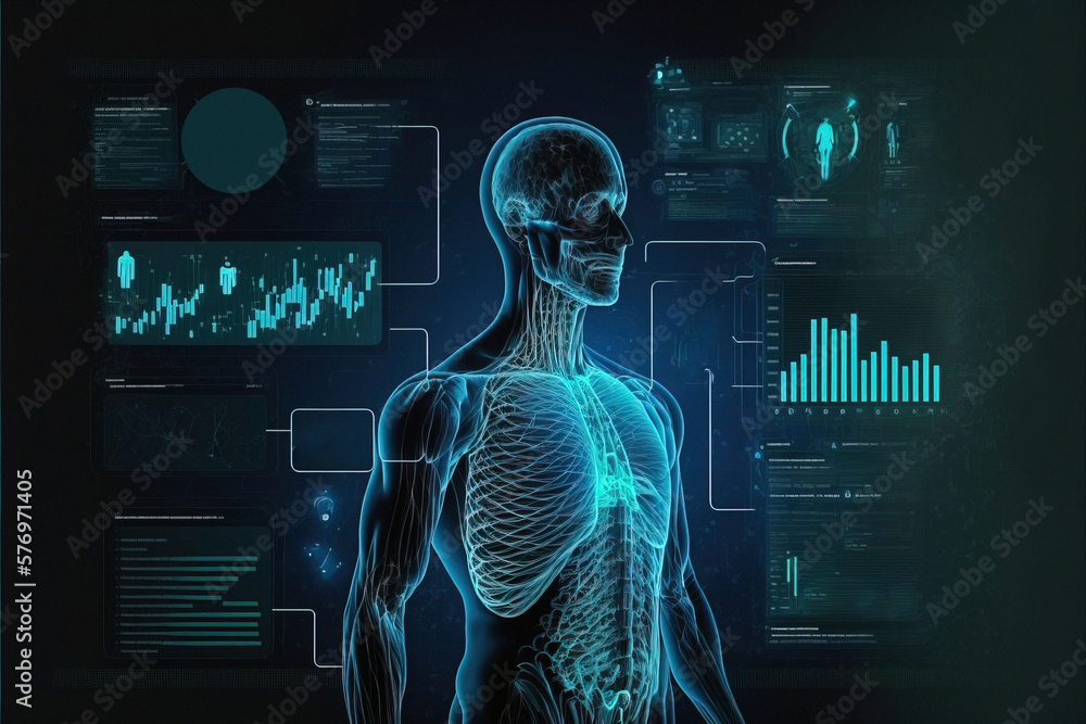 x ray of a human body, bones and blood vessel in 3D. Virtual dashboard ...