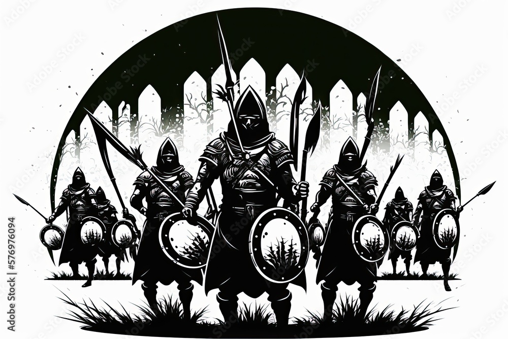 Ancient soldiers armed with spears and shields are depicted in black ...