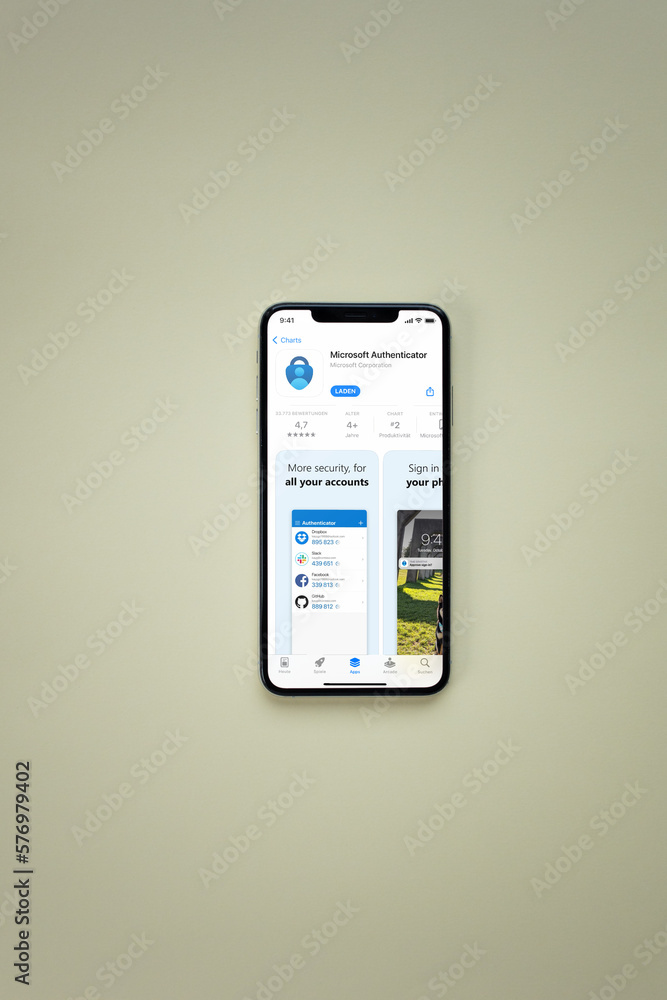 Mobile phone with Microsoft Authenticator App Store screen Stock Photo ...