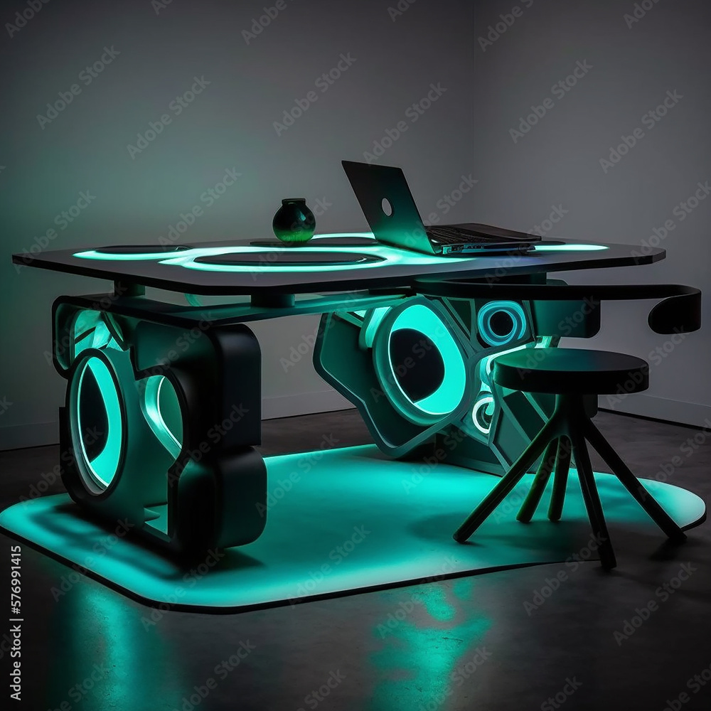 Futuristic office table, A minimalist and abstract work table in a dark ...