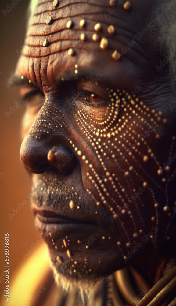 Revered Tribal Tradition. African tribal elder's face adorned with ...