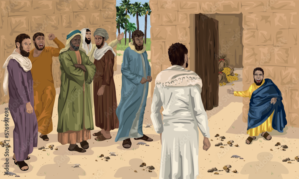 Zacchaeus welcoming Jesus into his house. Biblical illustration ...