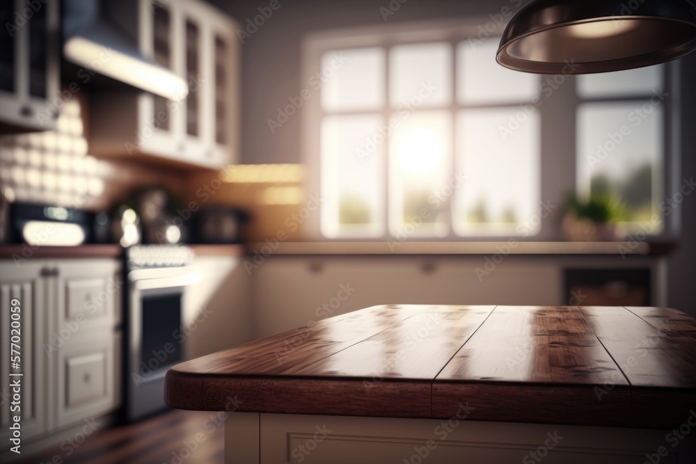 A kitchen with a wooden counter top and a window in the background with ...