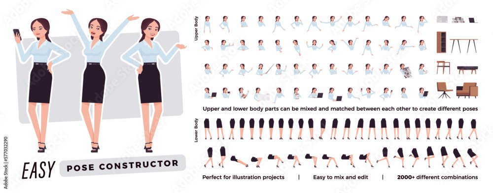 Businesswoman character easy pose constructor. Office girl drag, drop ...