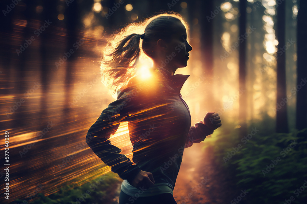 Lady trail runner running in forest at sunrise with abstract bokeh ...