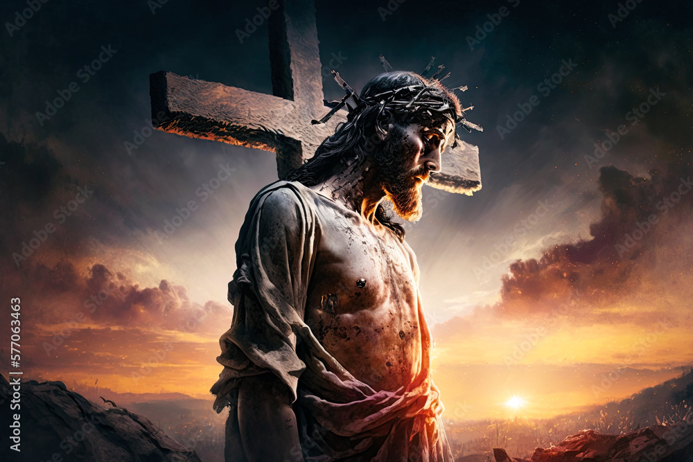 Jesus Christ crucified on the cross at Calvary hill. Ai generative Stock Illustration | Adobe Stock